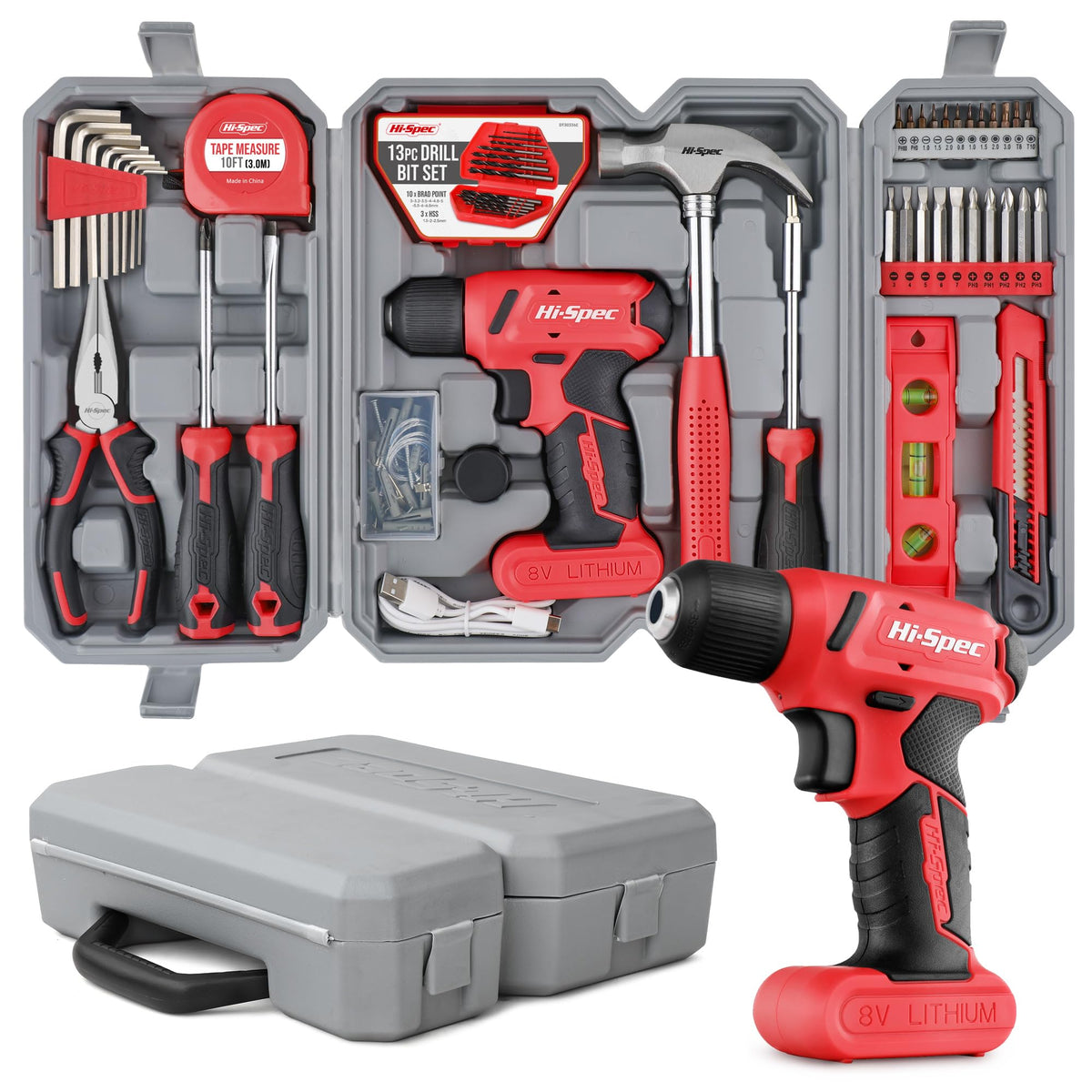 58pc Red 8V Compact Electric Drill Driver & All-Purpose Household Tool ...