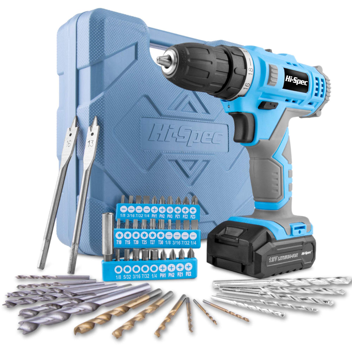 50pc Blue 12V Cordless Power Drill Driver and Drill Bit Set in a Porta ...