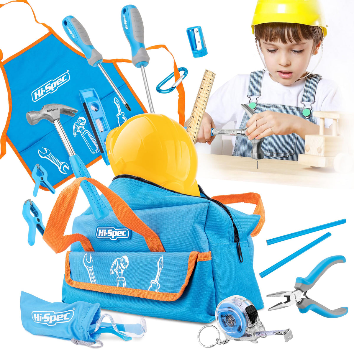 18pc Blue Kids Real Tool Kit Set and Child Size Tool Bag. Real Metal H ...